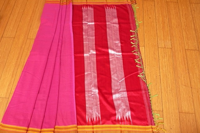 Rani Pink Cotton Ilkal Saree with Mustard Yellow Chikki Paras border ...