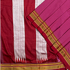Rani Pink Cotton Ilkal Saree with Mustard Yellow Chikki Paras border ...