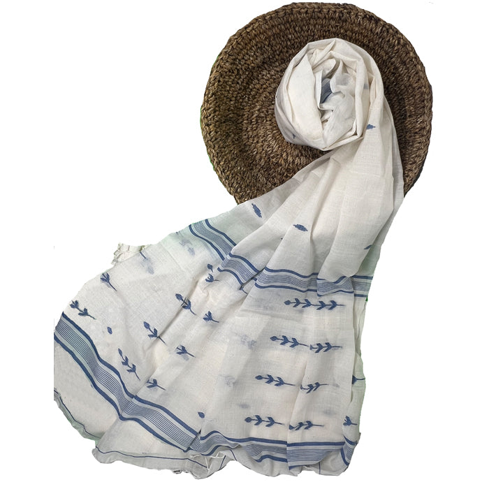 White Jamdani Cotton Dupatta with Dark Grey Patha Motif — TVAMI
