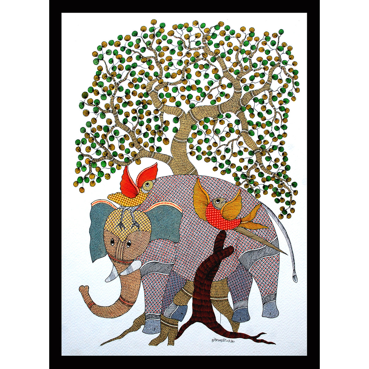 Gond Painting on Handmade Paper of Rukhwa, Hathi aur Chirai — TVAMI