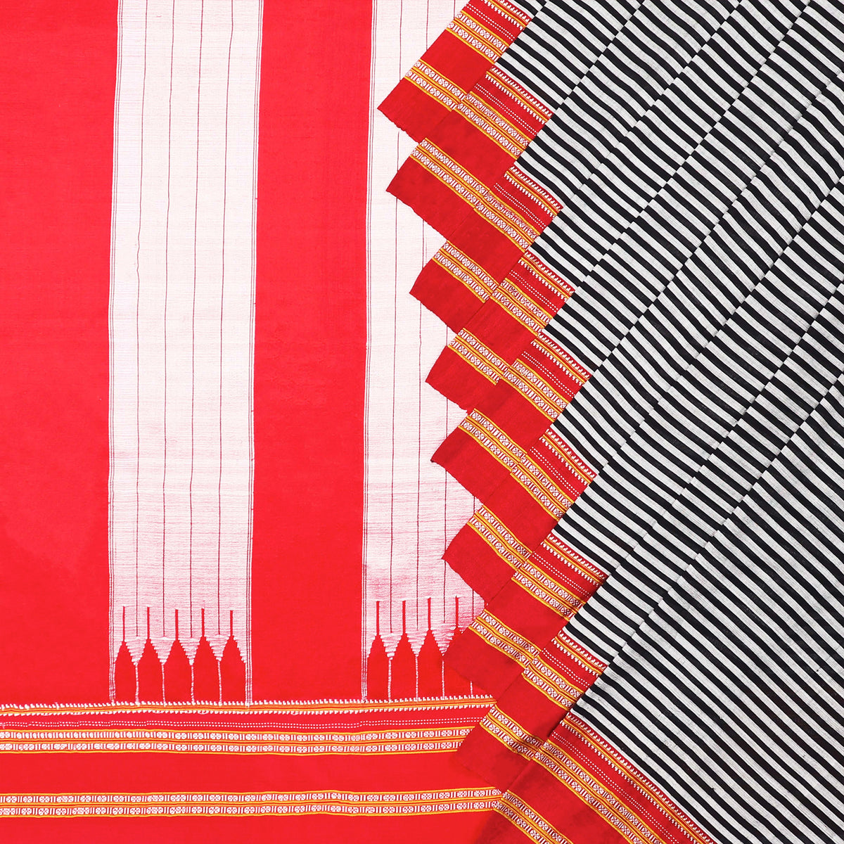 Black, White and Red Cotton-Silk Ilkal Saree with Gayatri Border — TVAMI