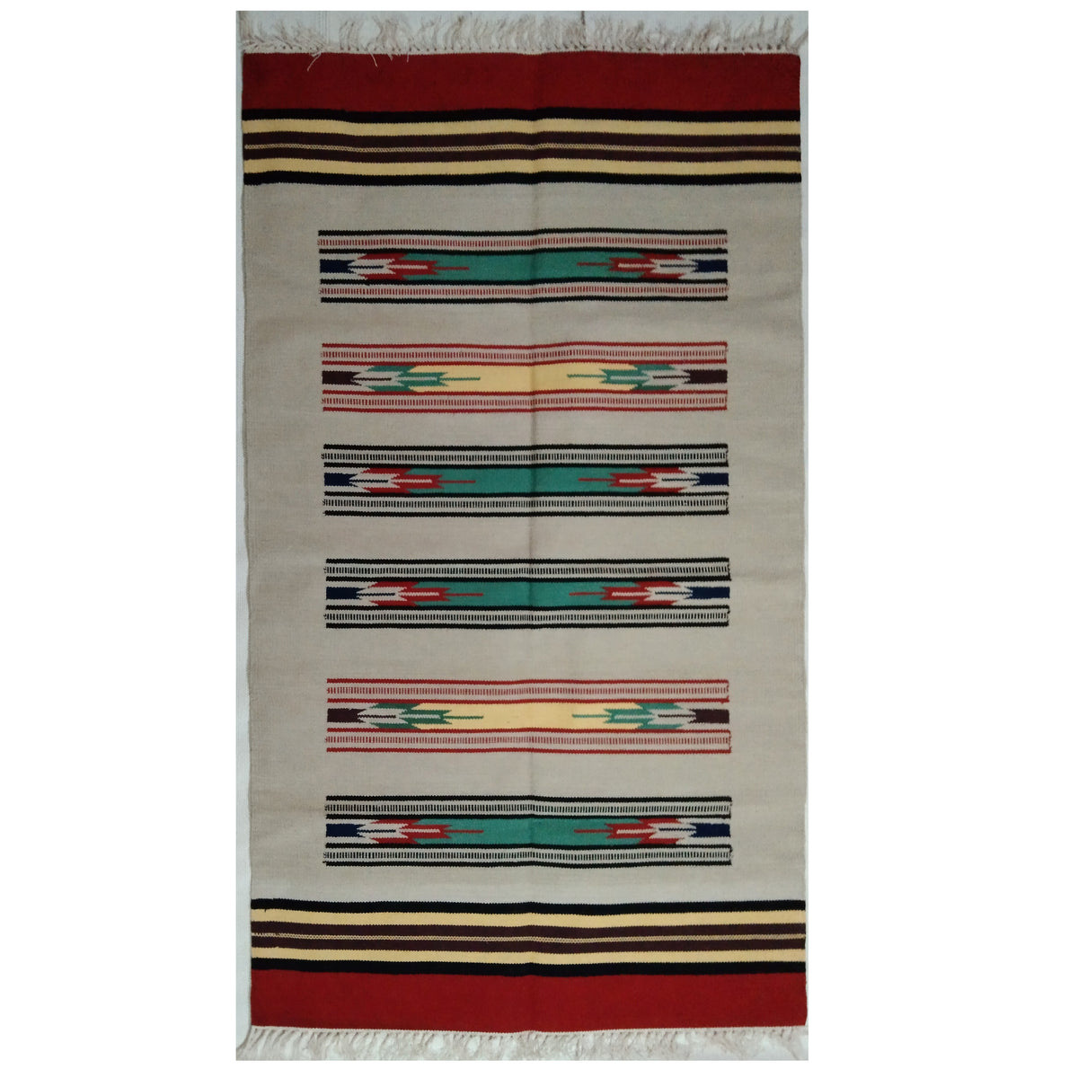 Reversible Handloom Warangal Dhurrie in White and Sea Green — TVAMI