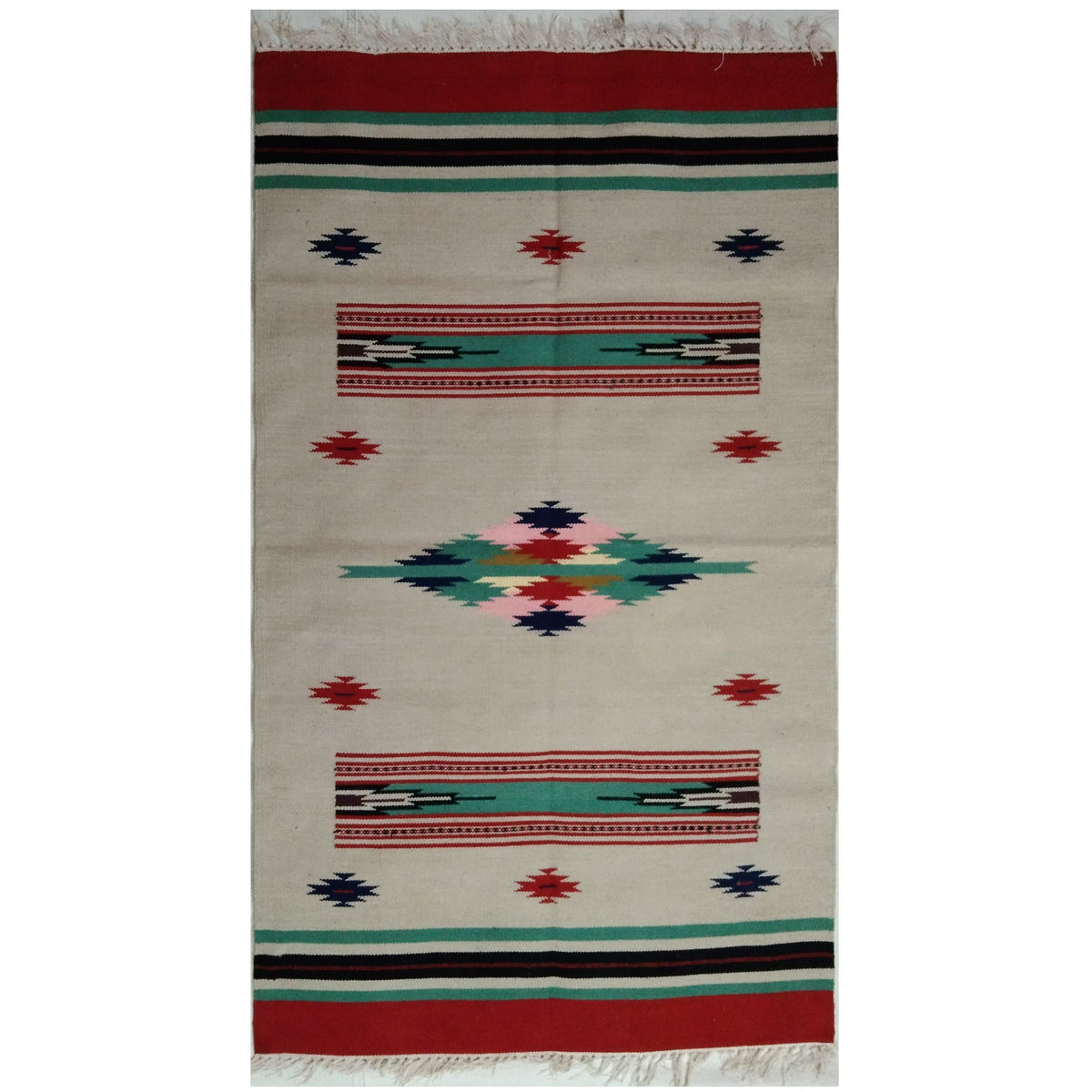 Reversible Handloom Warangal Dhurrie in White, Red and Sea Green — TVAMI