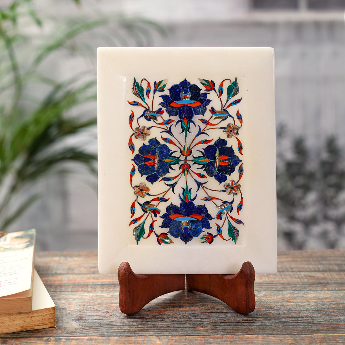 Sana, White Marble Inlay Plate Embedded with Gemstones — TVAMI