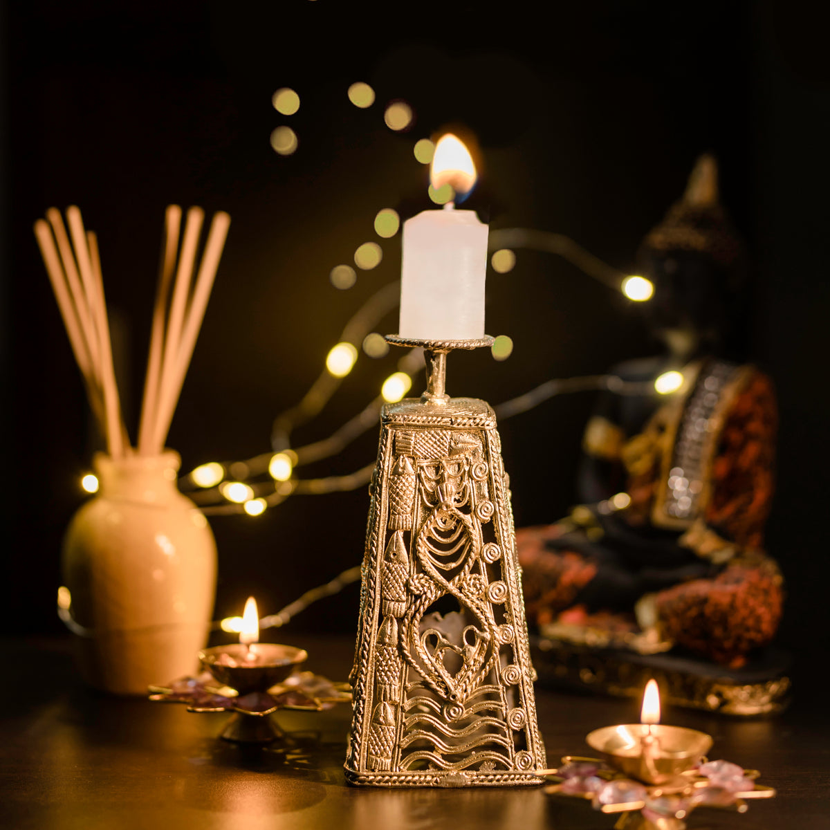 Hand crafted Dokra Pilsuj or Candle Holder with Jali work in Brass ...